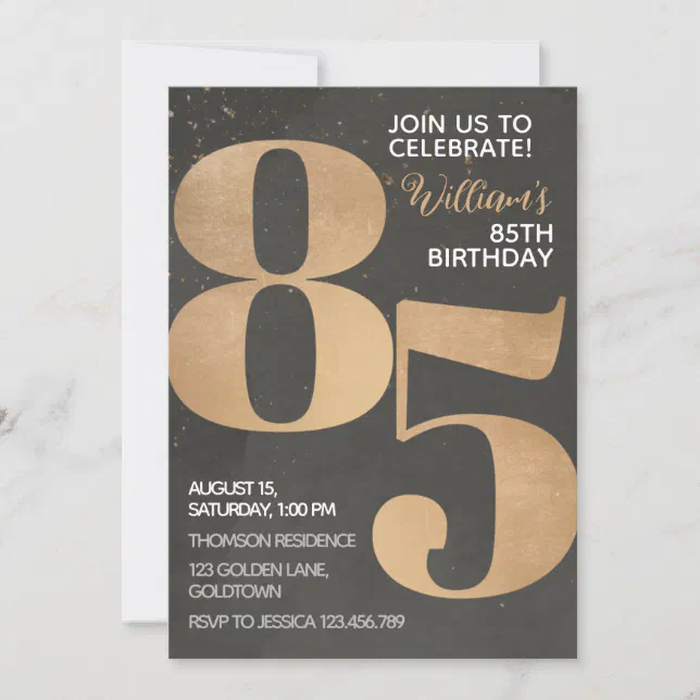 Gold Black 85th Birthday Invitation | Zazzle