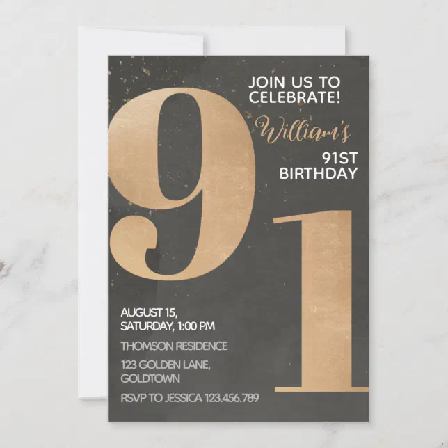 Gold Black 91st Birthday Invitation | Zazzle