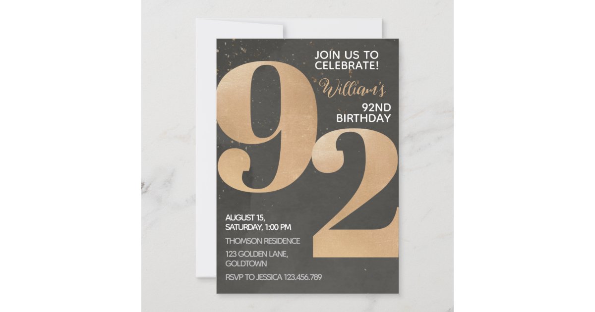 Gold Black 92nd Birthday Invitation | Zazzle