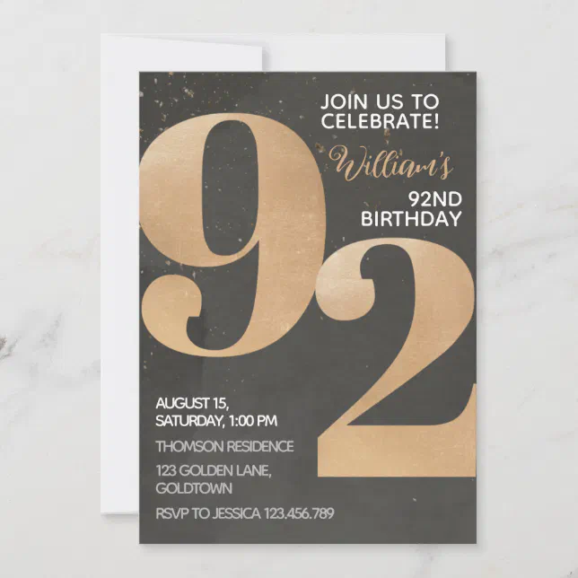 Gold Black 92nd Birthday Invitation | Zazzle