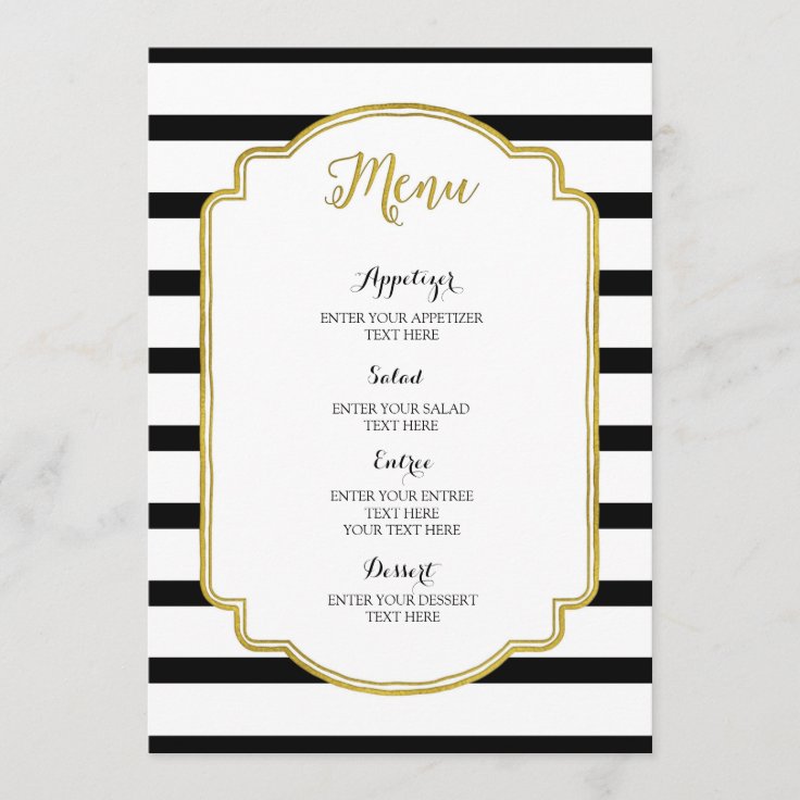 Gold Black and White Stripes Wedding Menu | Zazzle