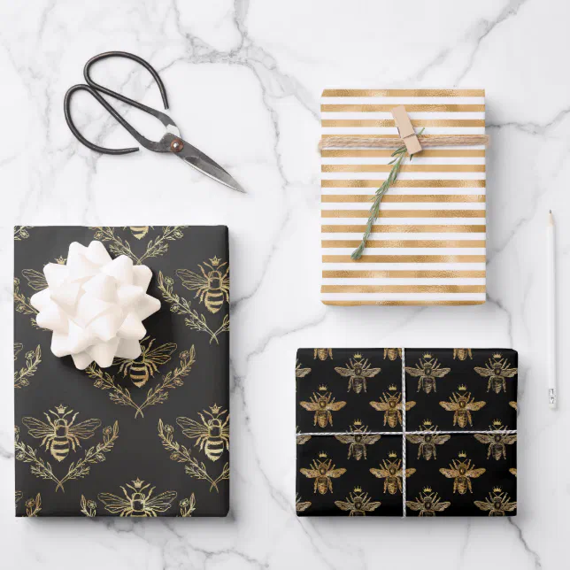 Gold Black Apiary Queen Bee Wrapping Paper Sheets | Zazzle