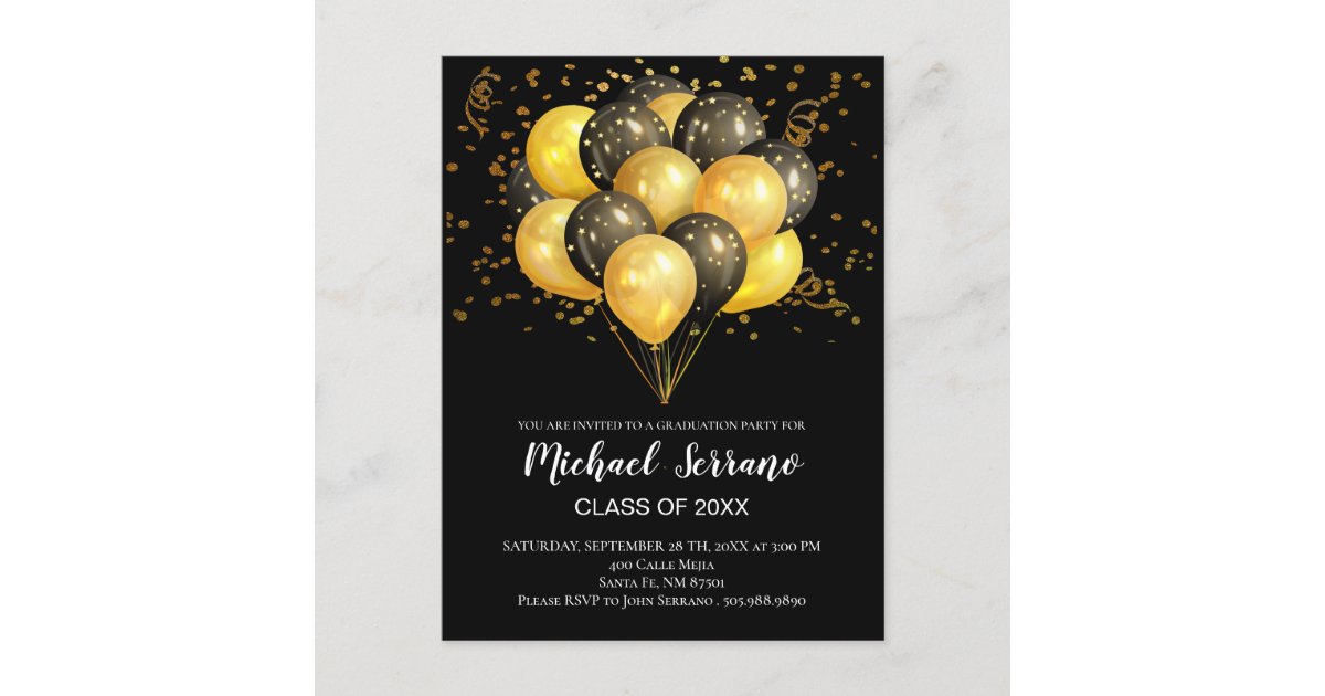 Gold Black Balloons And Confetti Graduation Party Invitation Postcard ...