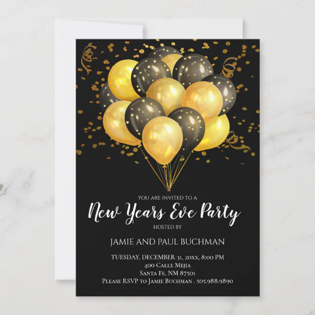 Gold & Black Balloons Confetti New Years Eve Party Invitation | Zazzle