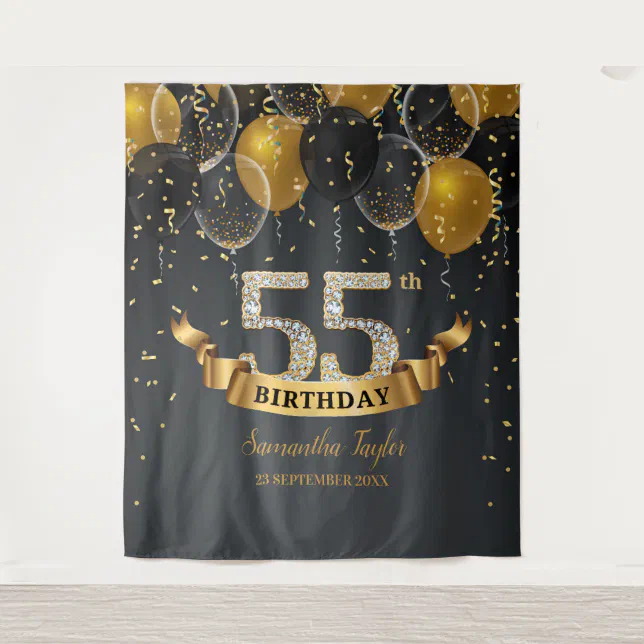 Gold black balloons diamond 55th birthday party tapestry | Zazzle