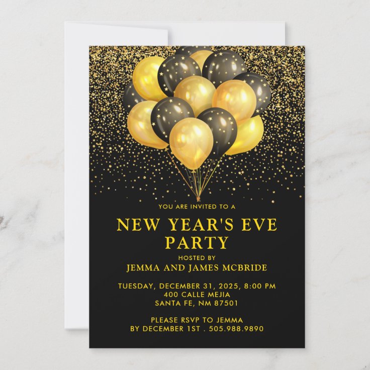 Gold Black Balloons Glitter New Year's Eve Party Invitation | Zazzle