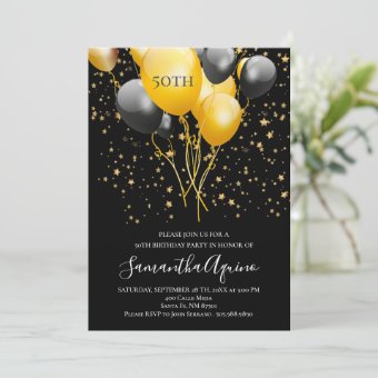 Gold & Black Balloons Star Confetti 50th Birthday Invitation | Zazzle