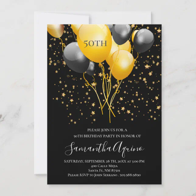Gold & Black Balloons Star Confetti 50th Birthday Invitation | Zazzle