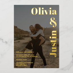 Gold black bold names 2 photos wedding foil invitation | Zazzle