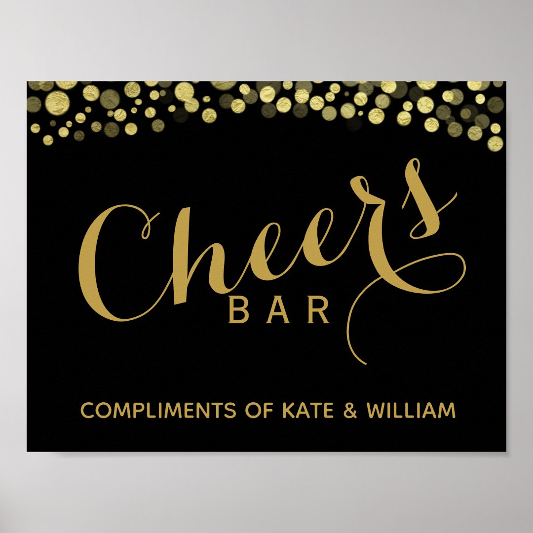 GOLD & Black CHEER Bar wedding or party sign | Zazzle