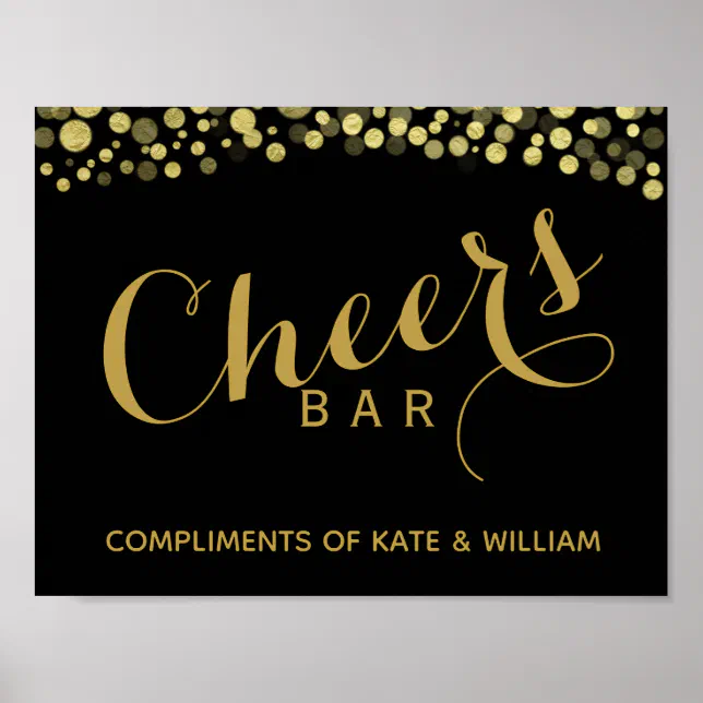 GOLD & Black CHEER Bar wedding or party sign | Zazzle