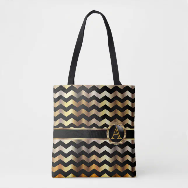 Gold & Black Chevron Monogram Design Tote Bag | Zazzle