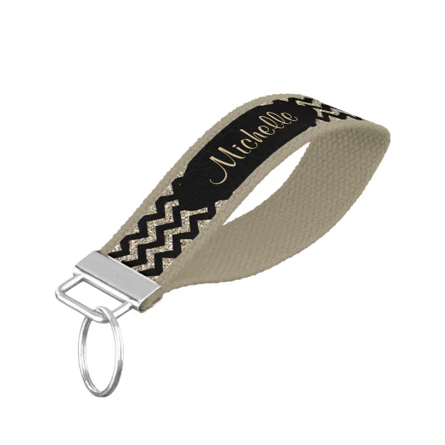 Gold Black Chevron Personalized Wrist Keychain | Zazzle