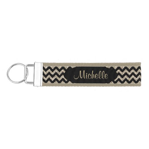 Gold Black Chevron Personalized Wrist Keychain | Zazzle