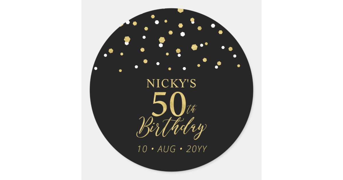 Gold & Black Confetti 50th Birthday Party Favor Classic Round Sticker ...