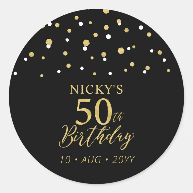Gold & Black Confetti 50th Birthday Party Favor Classic Round Sticker ...