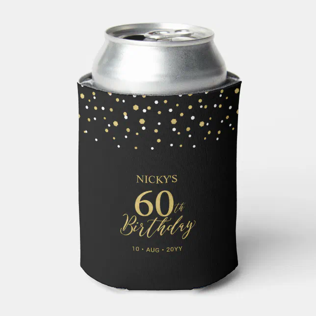 Gold & Black Confetti 60th Birthday Party Favor Can Cooler | Zazzle