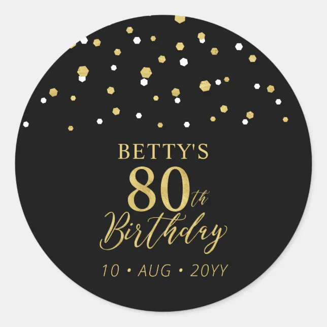 Gold & Black Confetti 80th Birthday Party Favor Classic Round Sticker ...