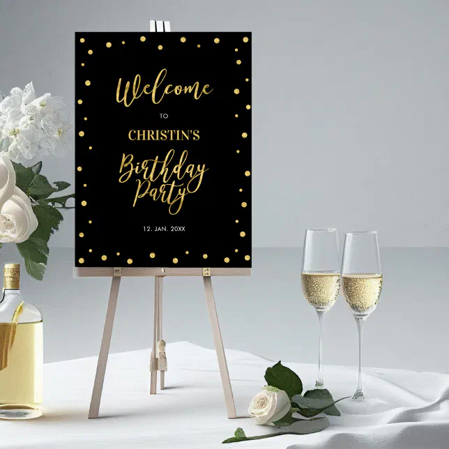 Gold & Black Confetti Birthday Party Welcome Sign | Zazzle
