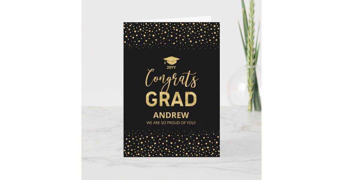 Gold & Black Confetti Congrats Grad Graduation Card | Zazzle