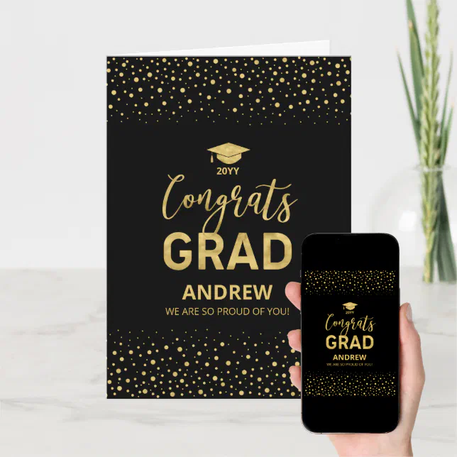 Gold & Black Confetti Congrats Grad Graduation Card | Zazzle