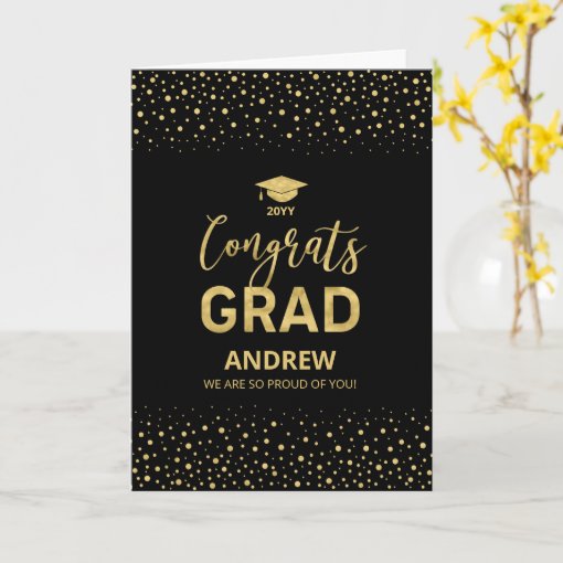 Gold & Black Confetti Congrats Grad Graduation Card | Zazzle