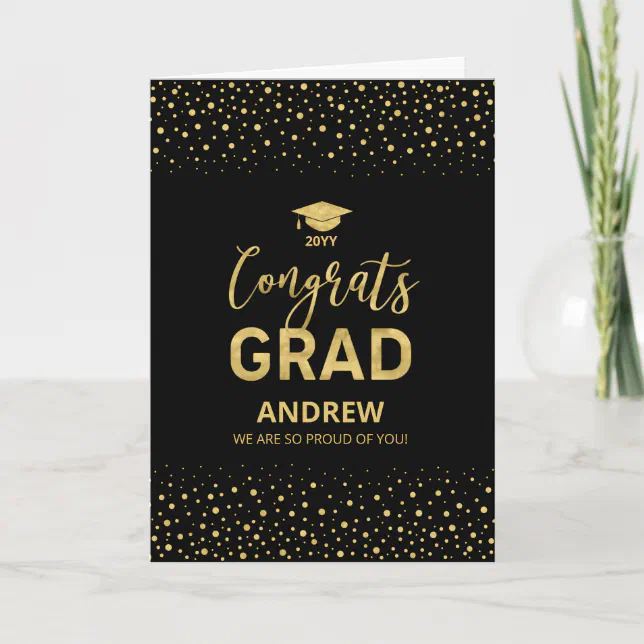 Gold & Black Confetti Congrats Grad Graduation Card | Zazzle