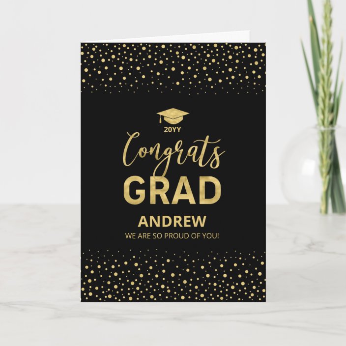 Gold & Black Confetti Congrats Grad Graduation Card | Zazzle.com