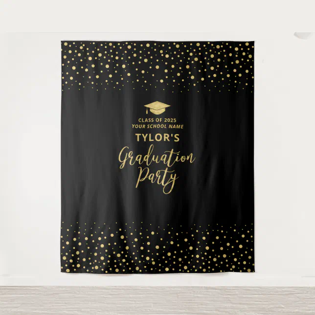 Gold & Black Confetti | Graduation Party Backdrop | Zazzle