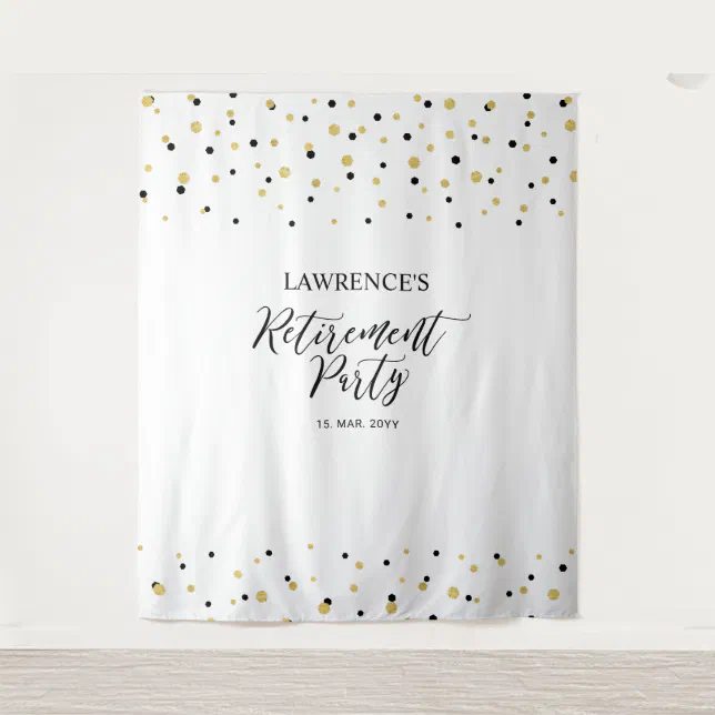 Gold & Black Confetti Retirement Party Backdrop | Zazzle