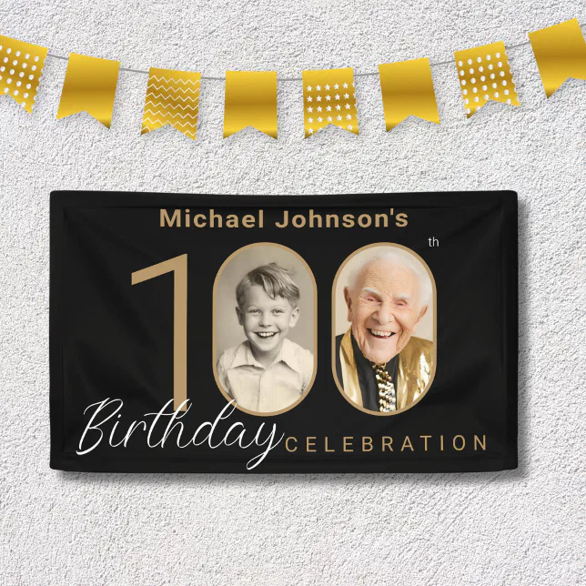 Gold Black Elegant Photo 100th Birthday Party Banner | Zazzle