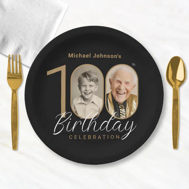 Gold Black Elegant Photo 100th Birthday Party Paper Plates | Zazzle