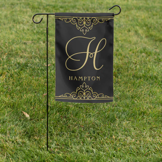 Gold Black Elegant Script Classy Monogrammed Garden Flag | Zazzle