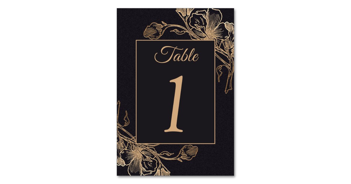Gold Black Faux Metal Floral Design Wedding Place Table Number | Zazzle
