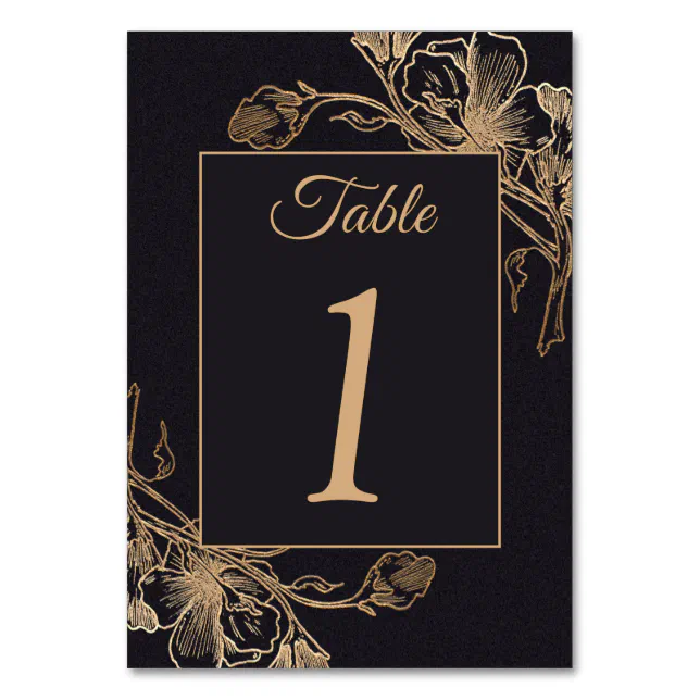 Gold Black Faux Metal Floral Design Wedding Place Table Number | Zazzle