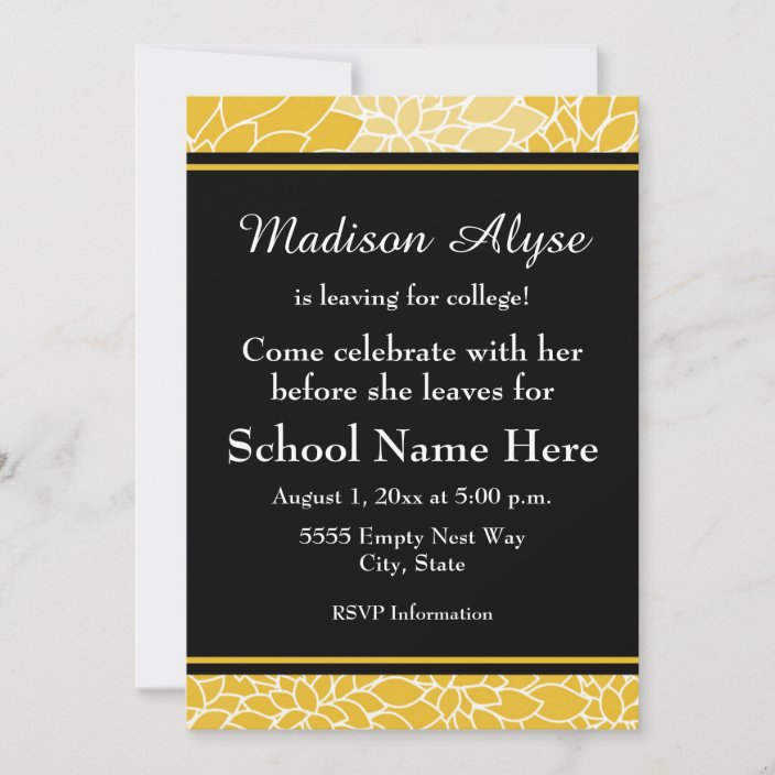 Gold Black Floral Going to College Party Invite | Zazzle.com
