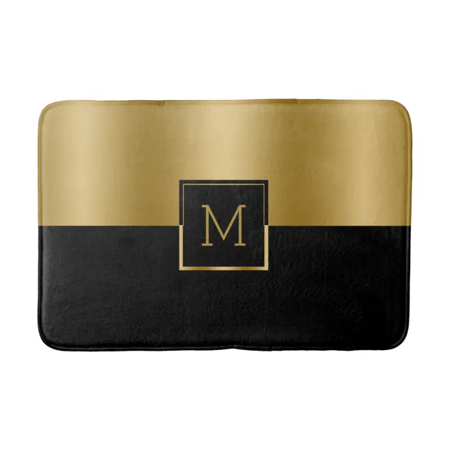 Gold & Black Geometric Design Monogram Bath Mat | Zazzle