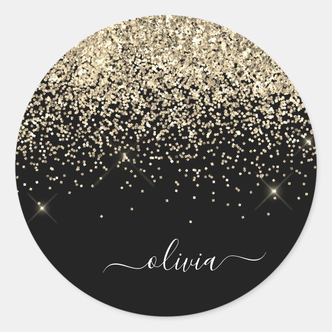 Gold Black Girly Glitter Sparkle Monogram Name Classic Round Sticker ...