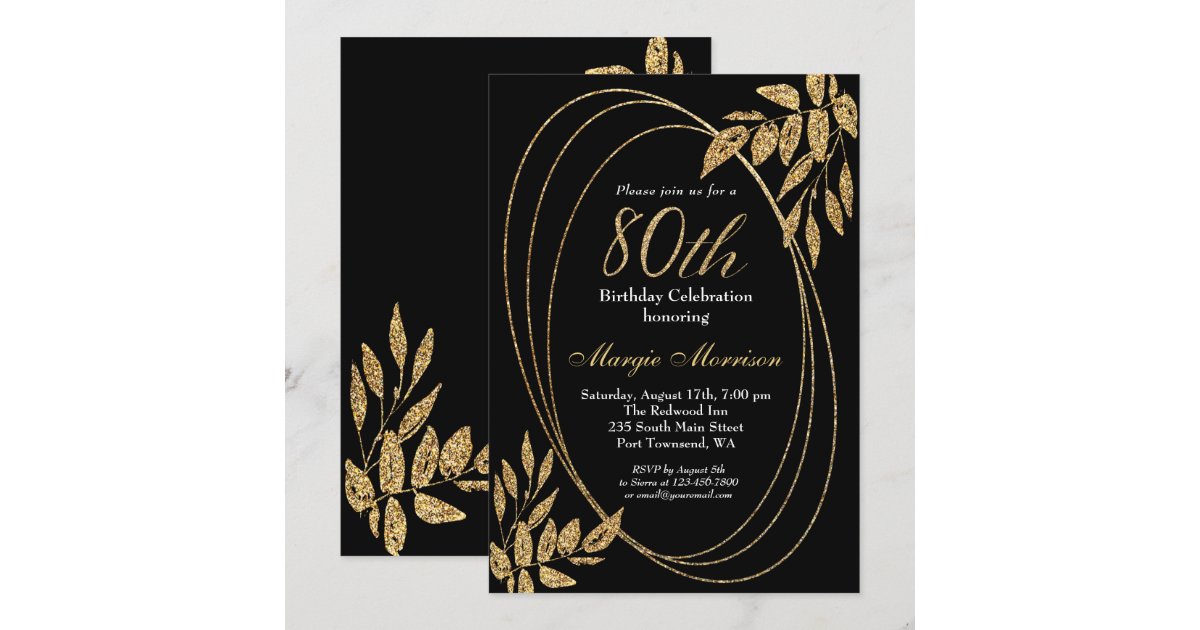 Gold Black Glitter 80th Birthday Celebration Invitation | Zazzle