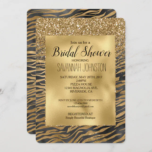 Gold Black Glitzy Glittery Sparkle Zebra Print Invitation | Zazzle