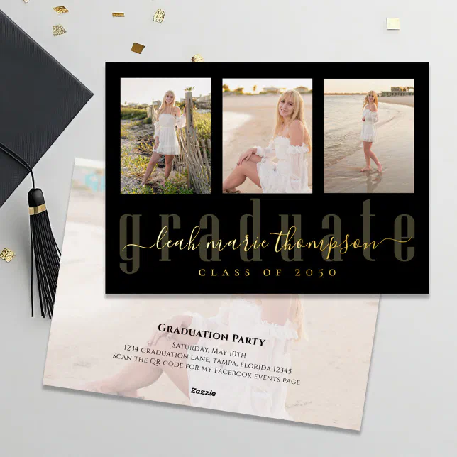 Gold Black Graduate Calligraphy Photo Collage Foil Invitation | Zazzle