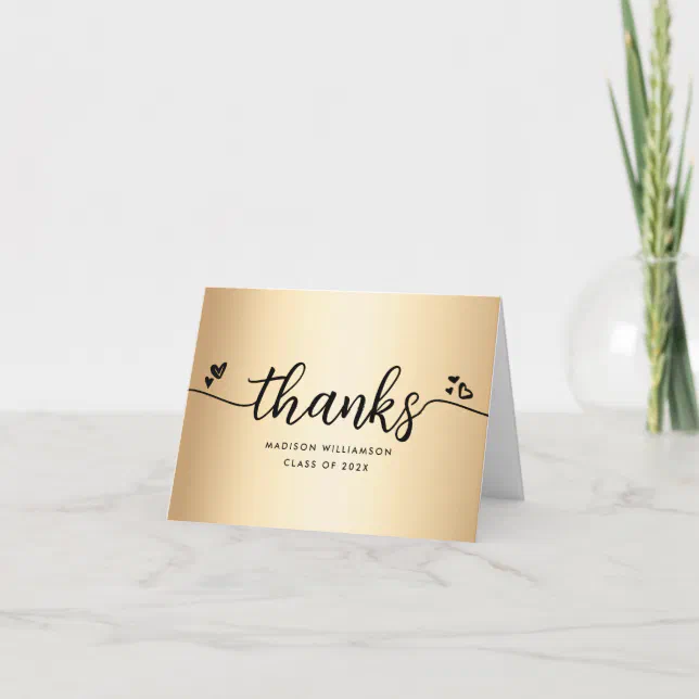 Gold Black Graduation Modern Elegant Script Hearts Thank You Card | Zazzle