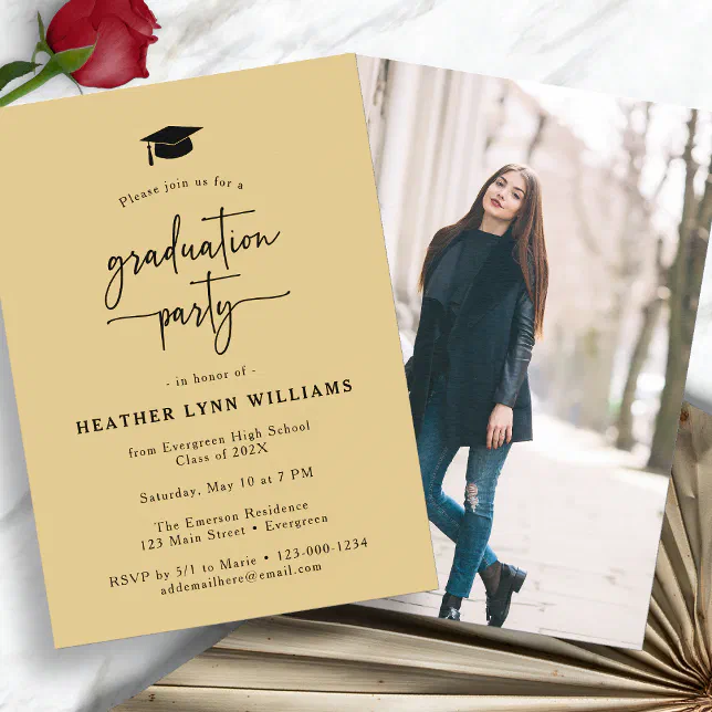 Gold Black Graduation Photo Invitation | Zazzle