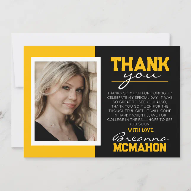 Gold & Black Graduation Photo Thank You Card | Zazzle