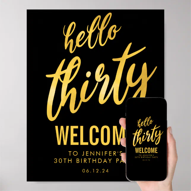Gold Black "Hello Thirty" Birthday Welcome Sign | Zazzle