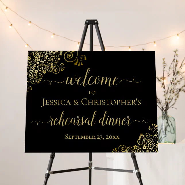 Gold & Black Lacy Wedding Rehearsal Dinner Welcome Foam Board | Zazzle
