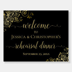 Gold & Black Lacy Wedding Rehearsal Dinner Welcome Foam Board | Zazzle