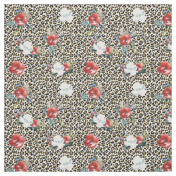 Elegant Leopard Print and Floral Design Fabric | Zazzle