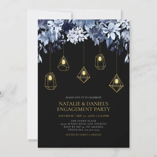 Gold & Black Lights & Floral Engagement Party Invi Invitation | Zazzle