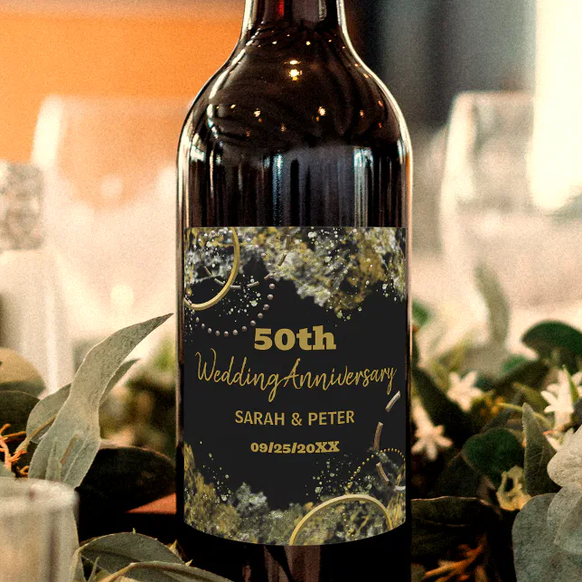 Gold Black Luxury Glam 50th Wedding Anniversary Wine Label | Zazzle